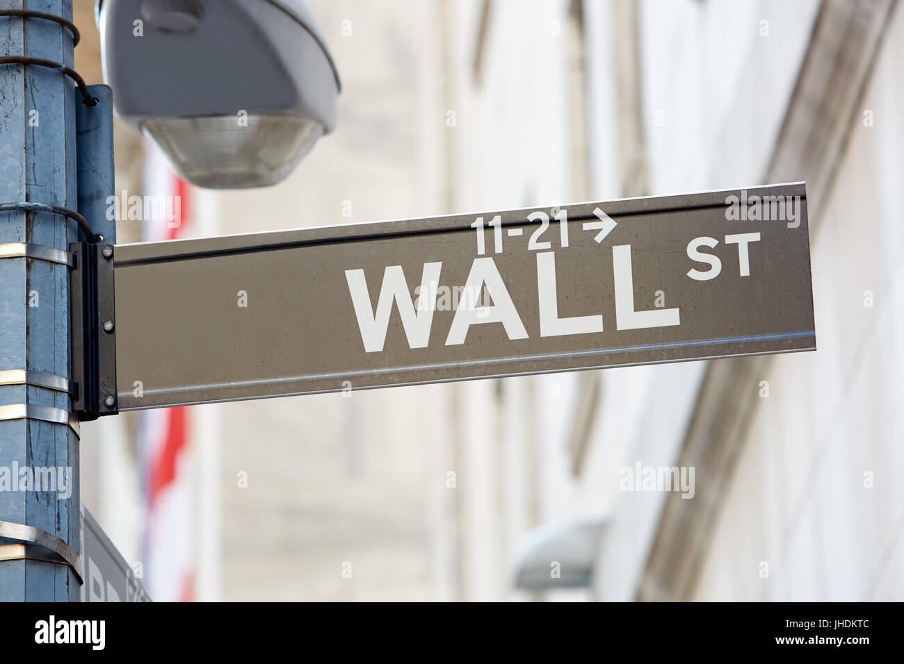 Wall Street sign with street lamp near Stock Exchange, financial ...