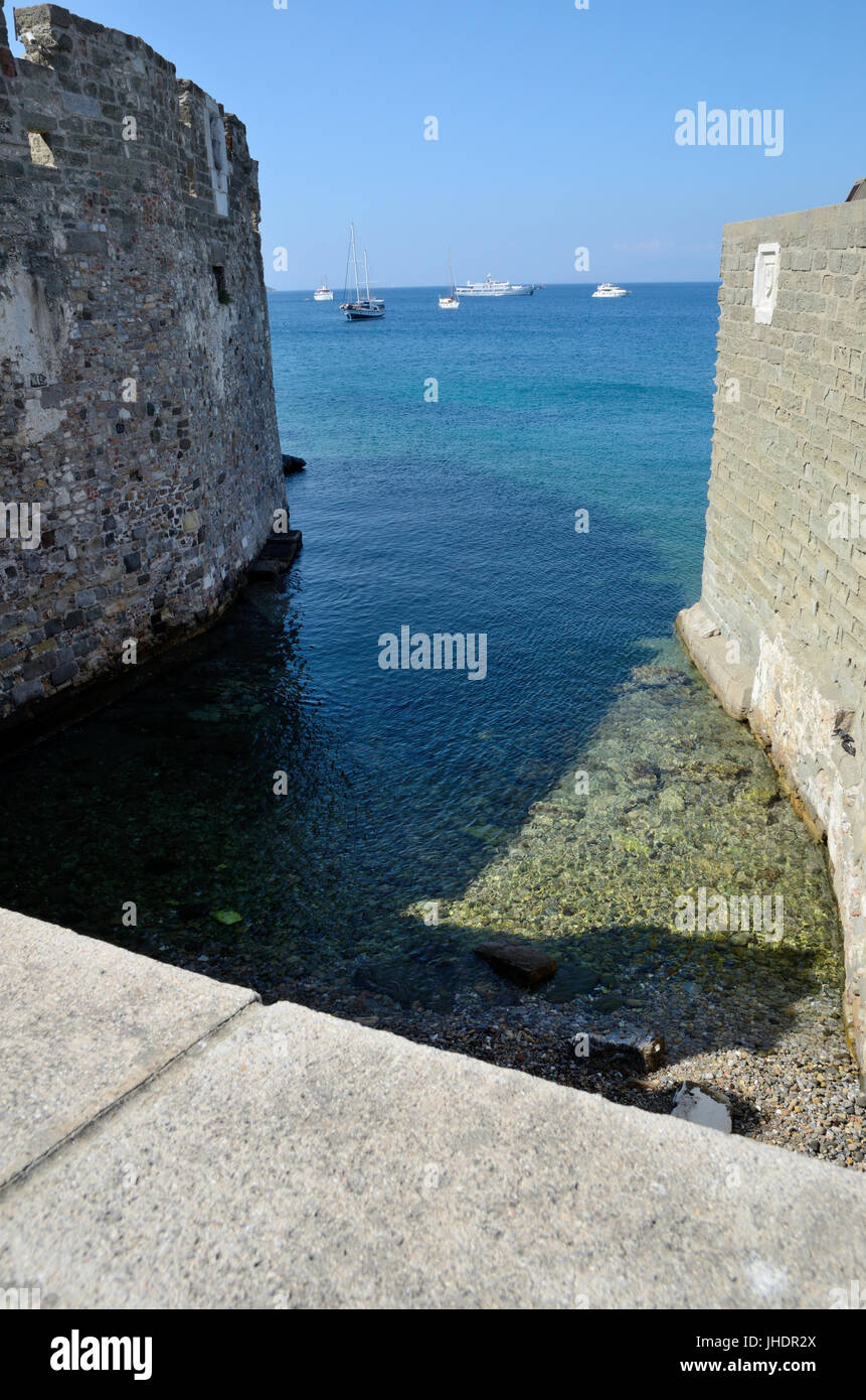 Entrance to the castle in Bodrum, Turkey. Stone walls and bridge over ...