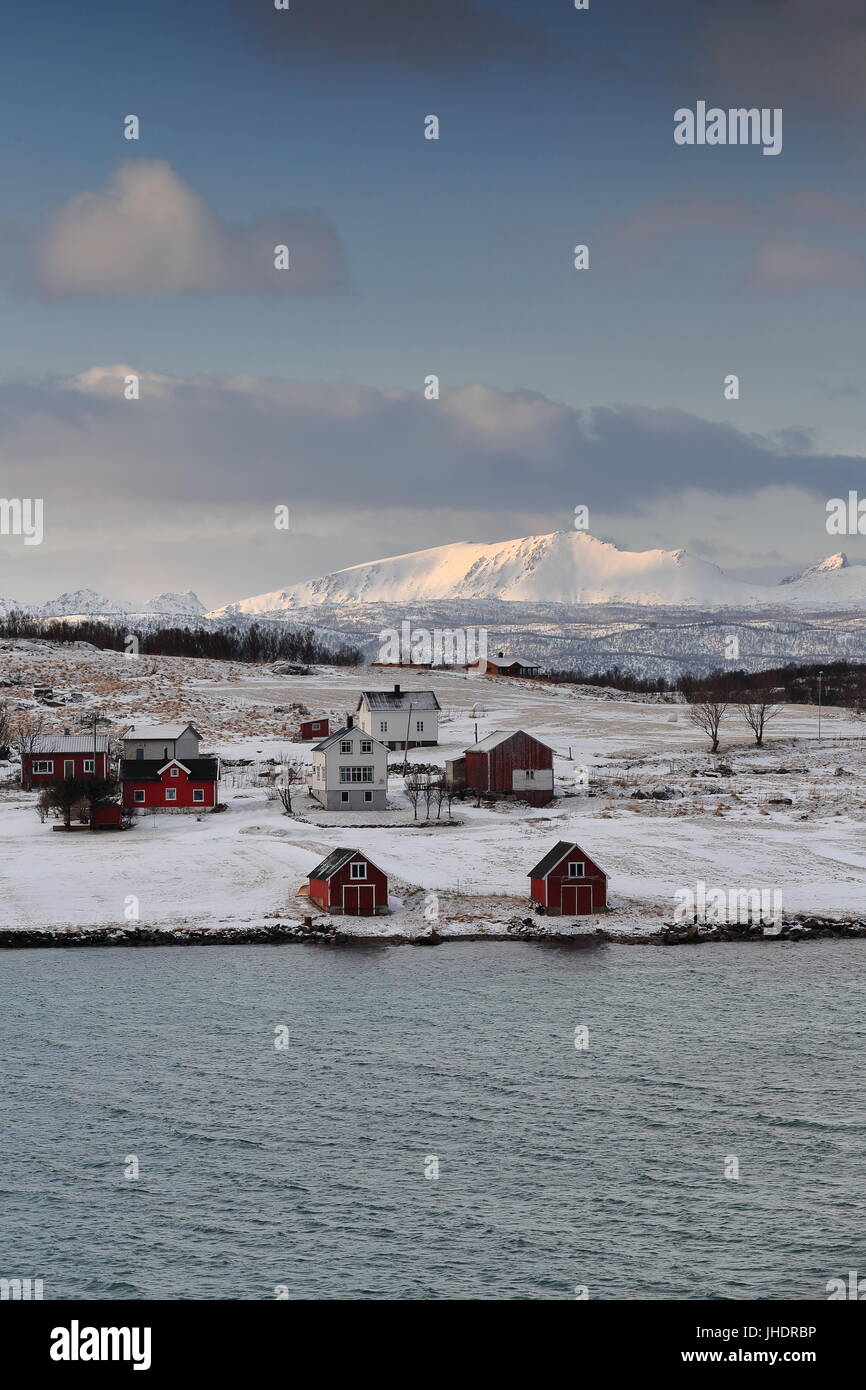 Houses on Holdoya-island E.shore seen from Ringen hamlet on Austvagoya ...