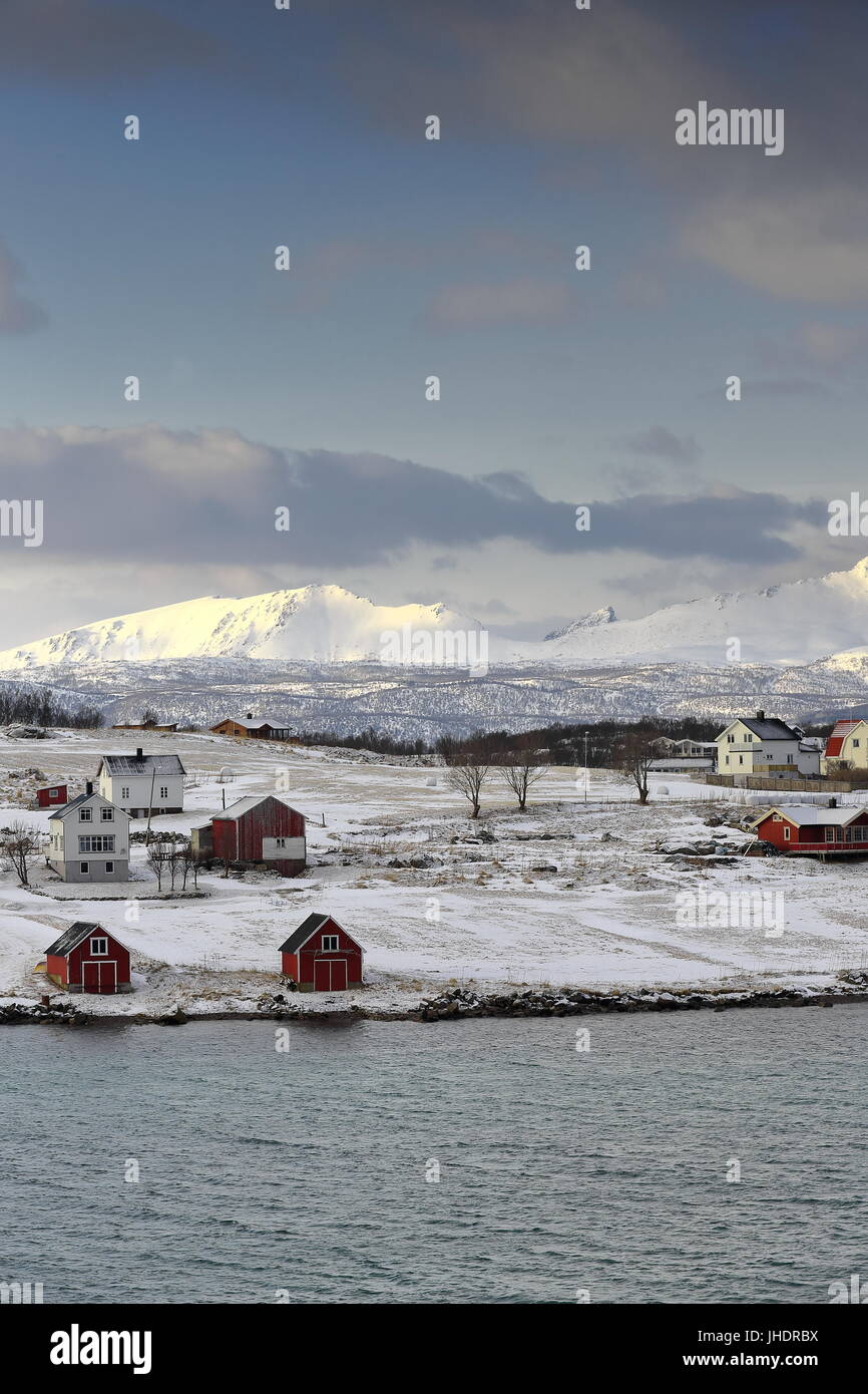 Houses on Holdoya-island E.shore seen from Ringen hamlet on Austvagoya ...