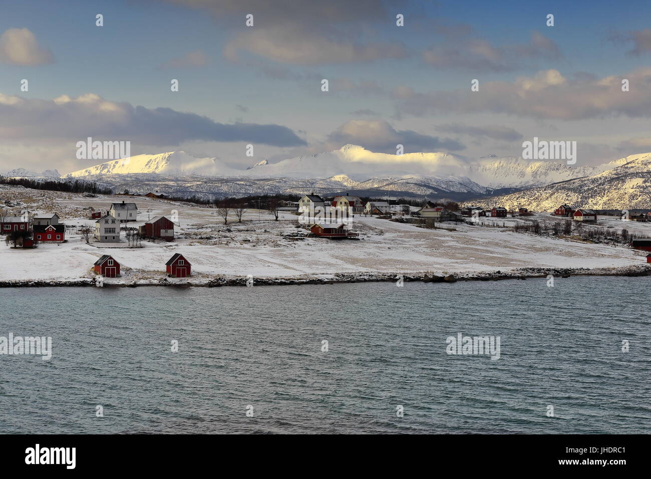 Houses on Holdoya-island E.shore seen from Ringen hamlet on Austvagoya ...