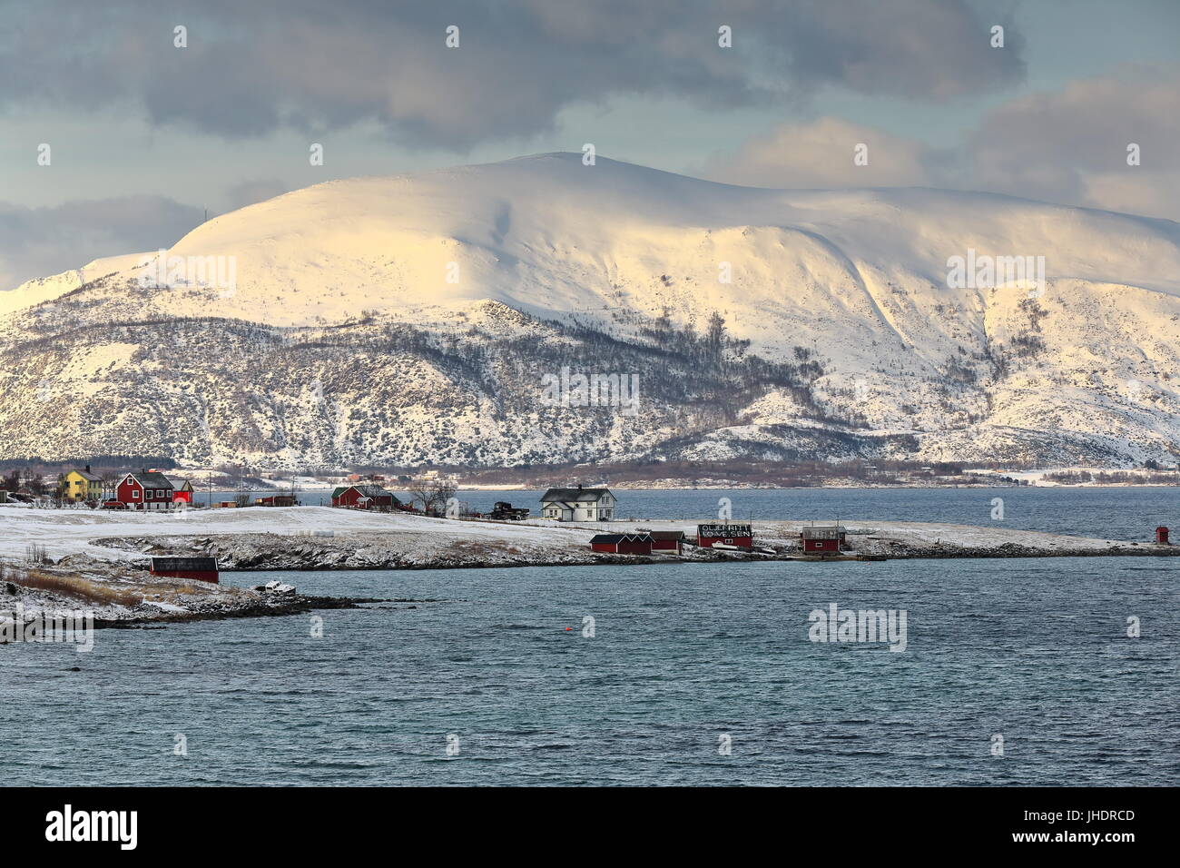 Houses on Holdoya-island E.shore seen from Ringen hamlet on Austvagoya ...