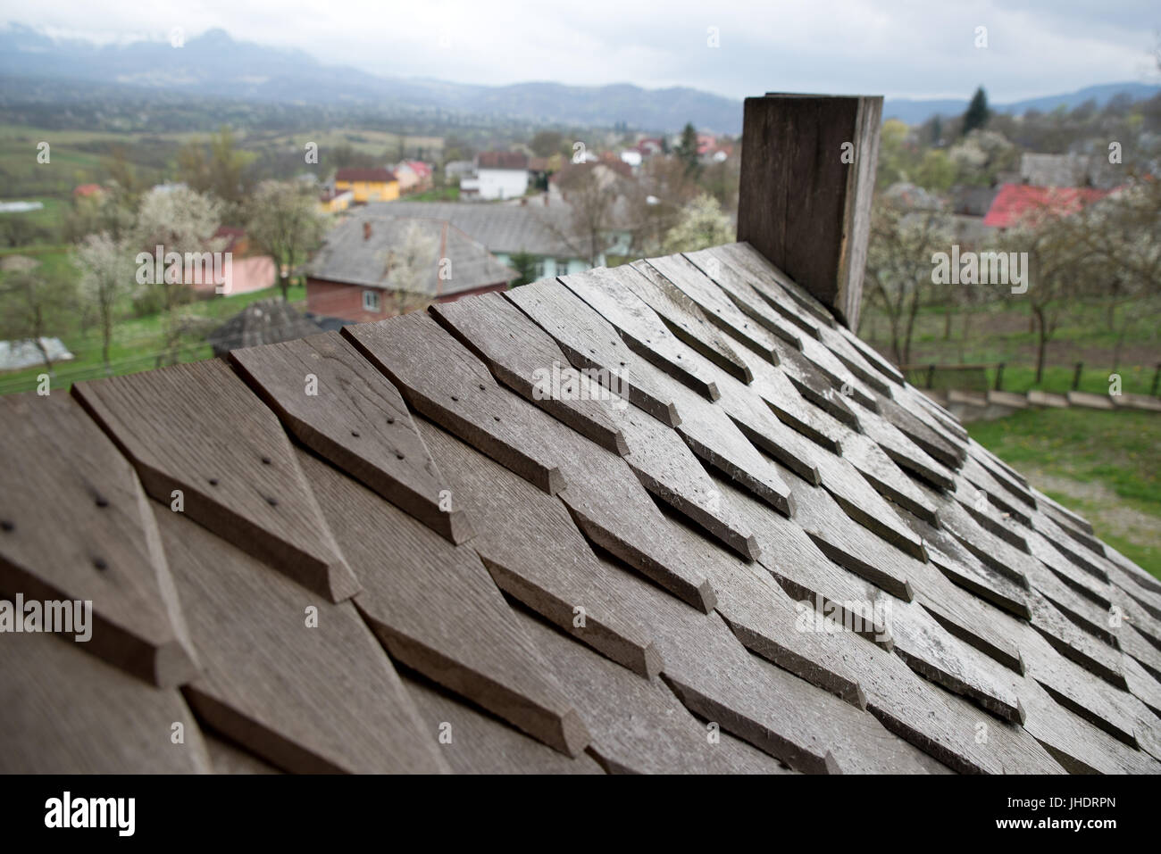 Wooden shingles on the top of a traditional wooden church, Maramures ...