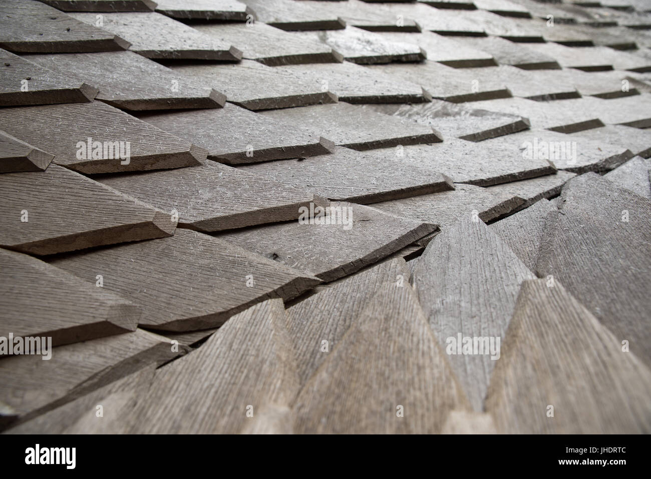 Wooden shingles on the top of a traditional wooden church, Maramures ...