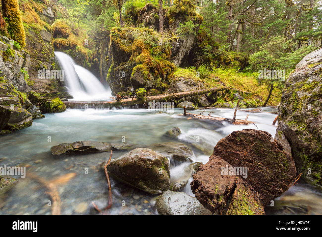 Waterfall Virgin Creek Falls Girdwood Anchorage Alaska USA Stock