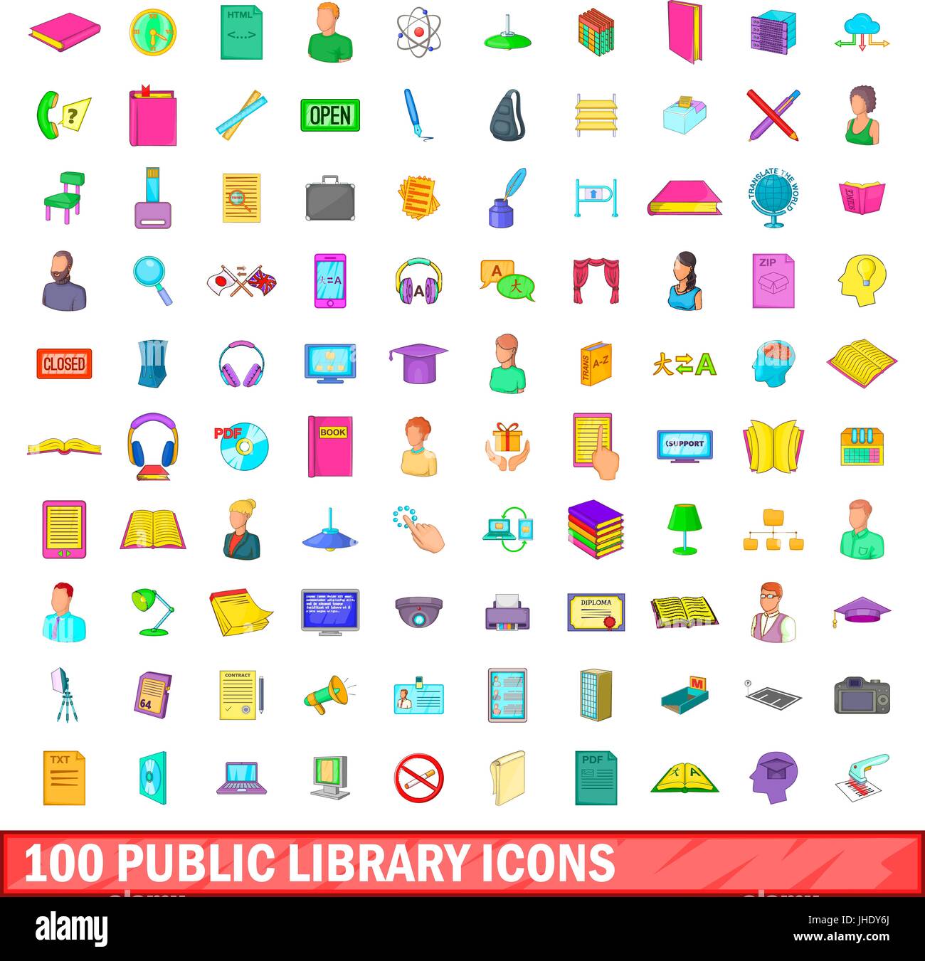 100 public library icons set, cartoon style Stock Vector Image & Art ...