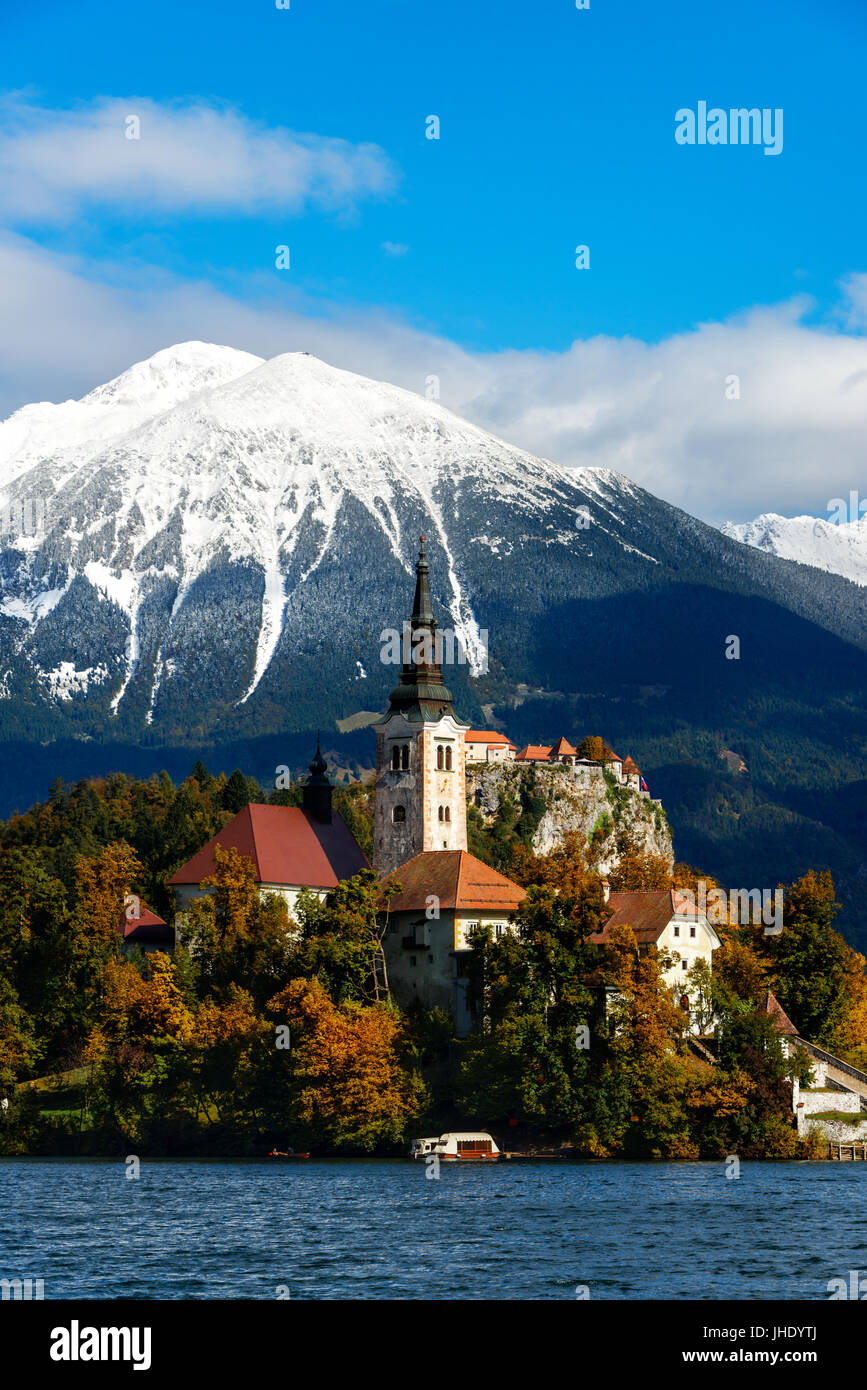 The church on the island in Lake Bled with in the background Bled ...