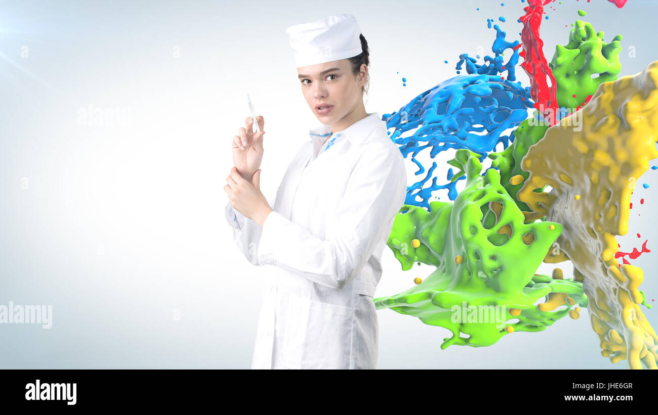 Beautiful medical woman doctor in uniform. Studio painted background ...