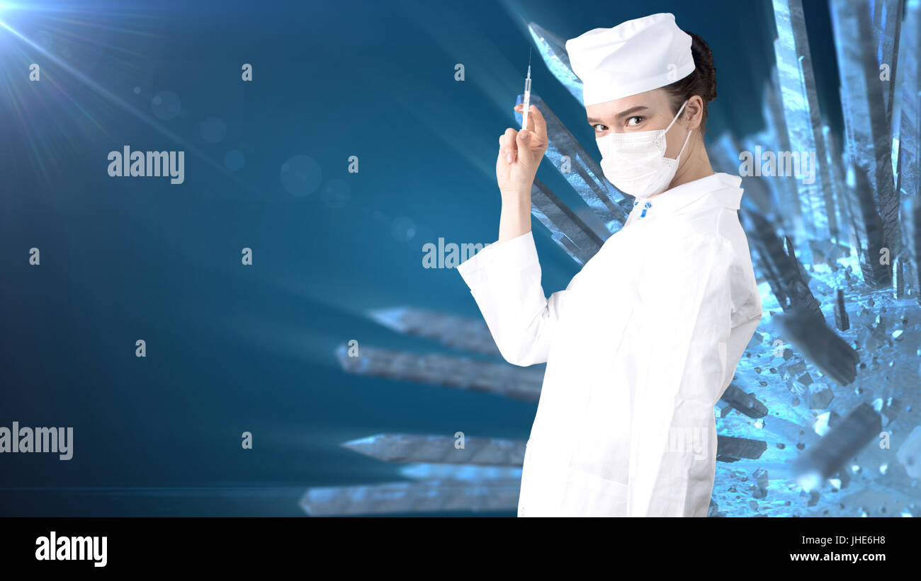 Beautiful medical woman doctor in uniform. Studio painted background ...