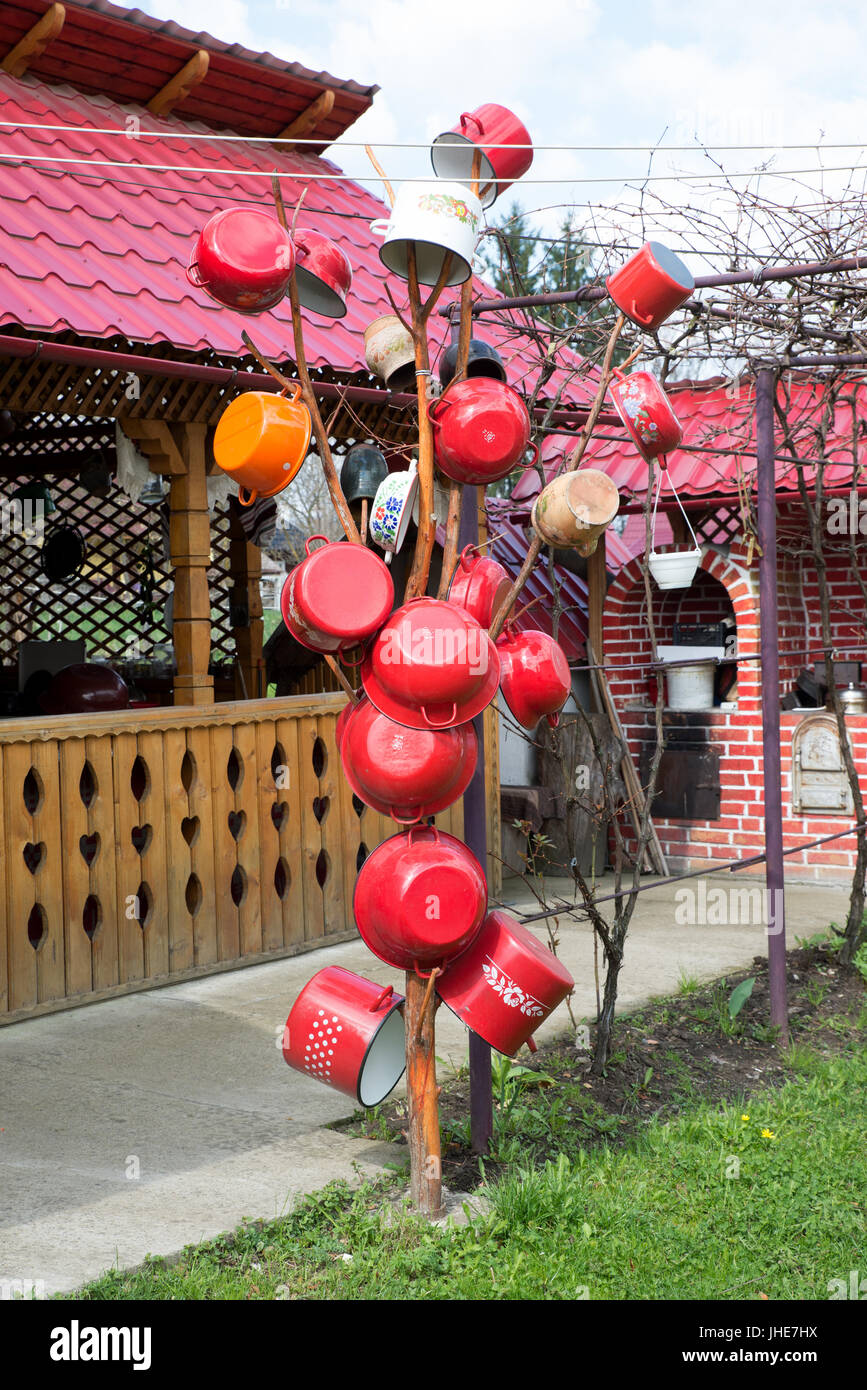 Coloured pots drying on a tree, Breb, Maramures, Romania Stock Photo ...