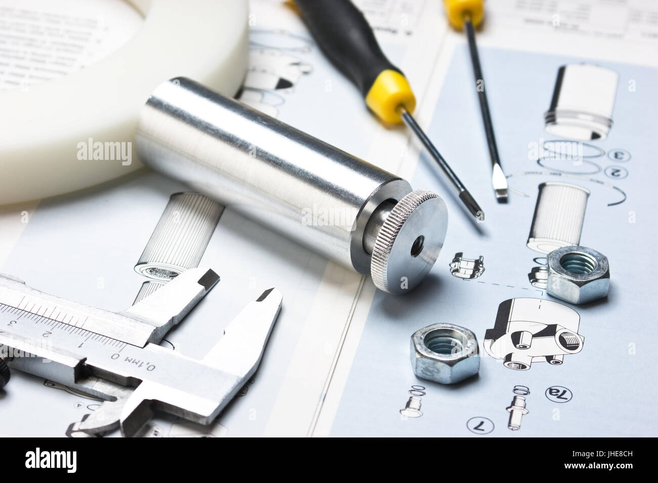 technical drawings with tools and parts Stock Photo - Alamy