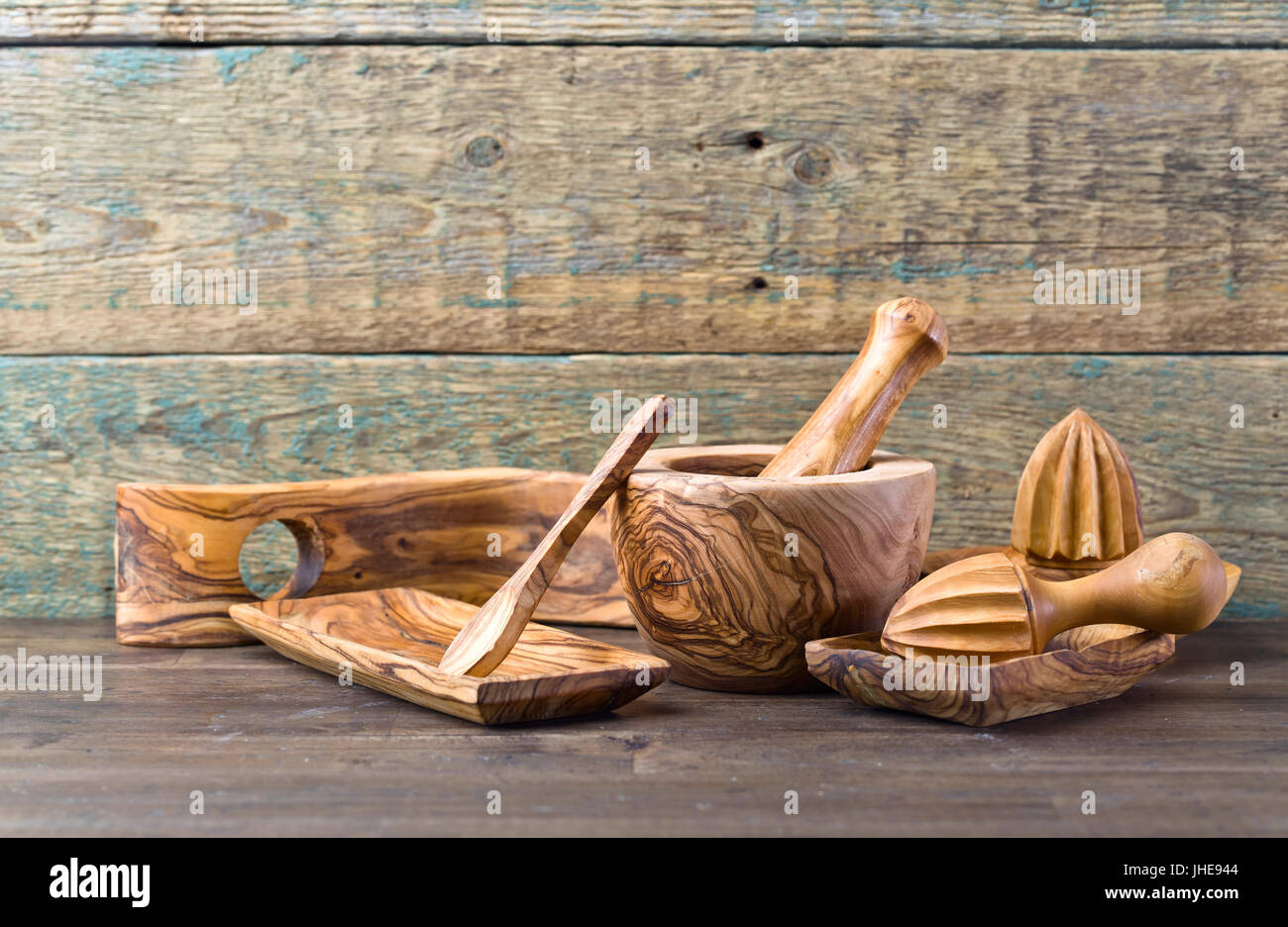 Set of wooden kitchen utensils made from olive wood Stock Photo - Alamy