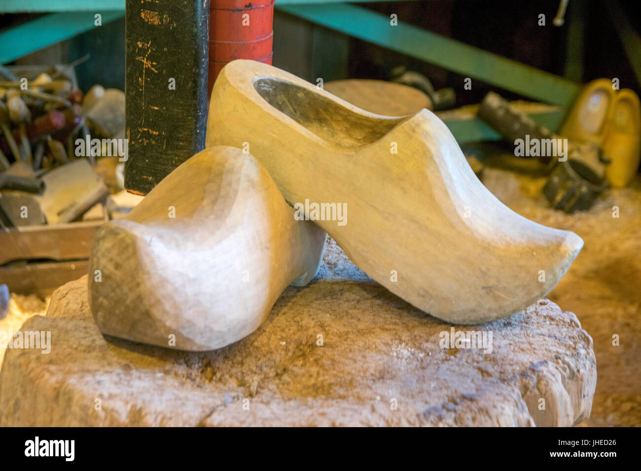 Pair of clogs made of poplar wood. Klompen, traditional Dutch shoes for ...