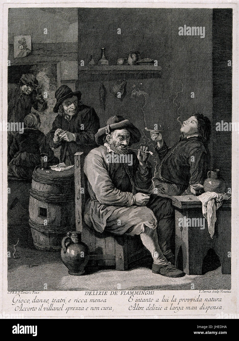 Five Flemish men, old and young alike, smoke and drink in a Wellcome ...