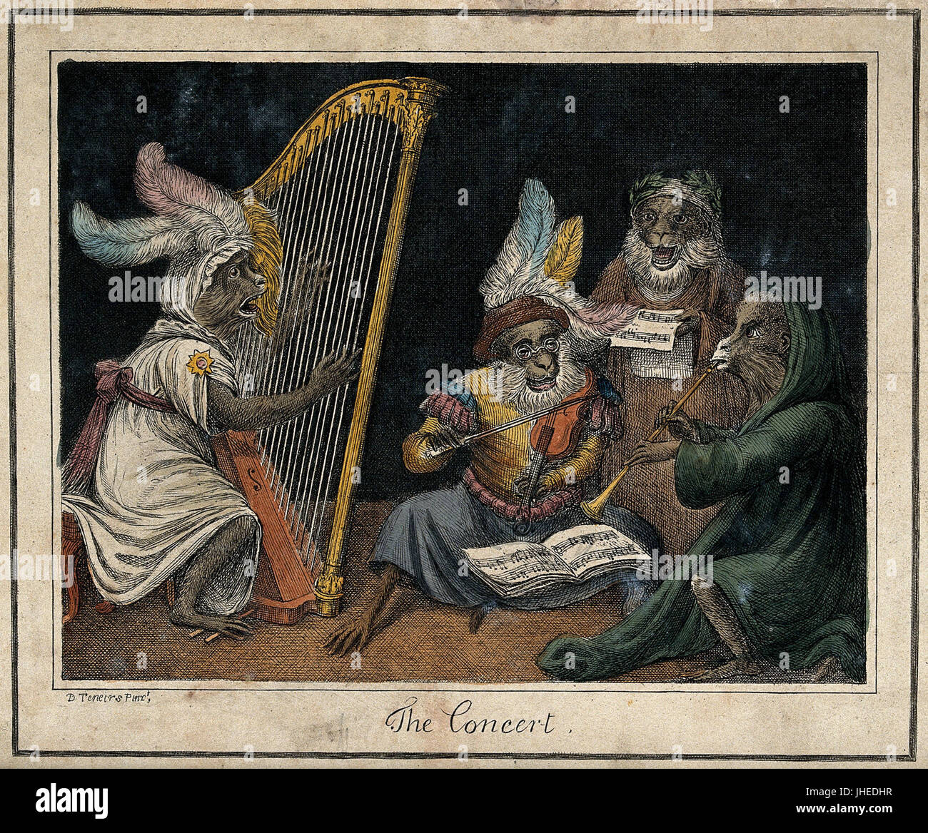 Four monkeys dressed as musicians giving a concert. Coloured Wellcome ...