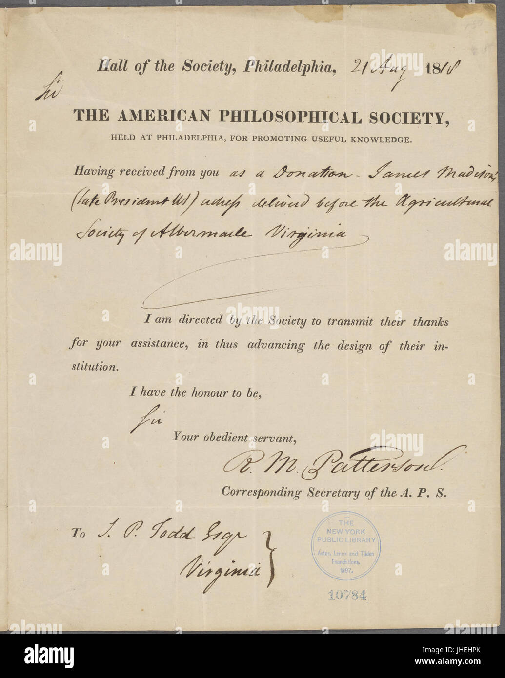 A letter from R.M. Patterson and John Vaughan to John Payne Todd, part ...