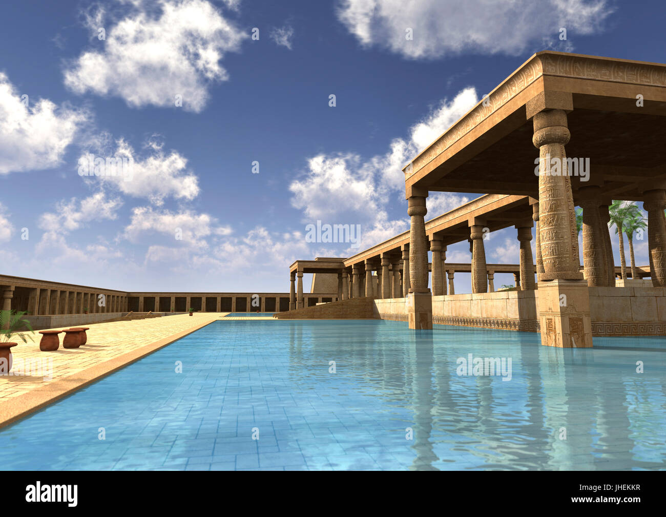 3D rendering of an old Egyptian palace with a pool, sunny day Stock ...