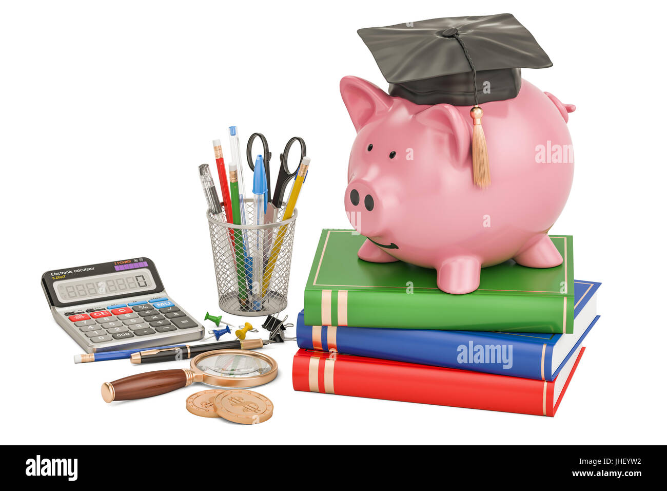 Back to school concept. Piggy bank with stationery, 3D rendering Stock ...