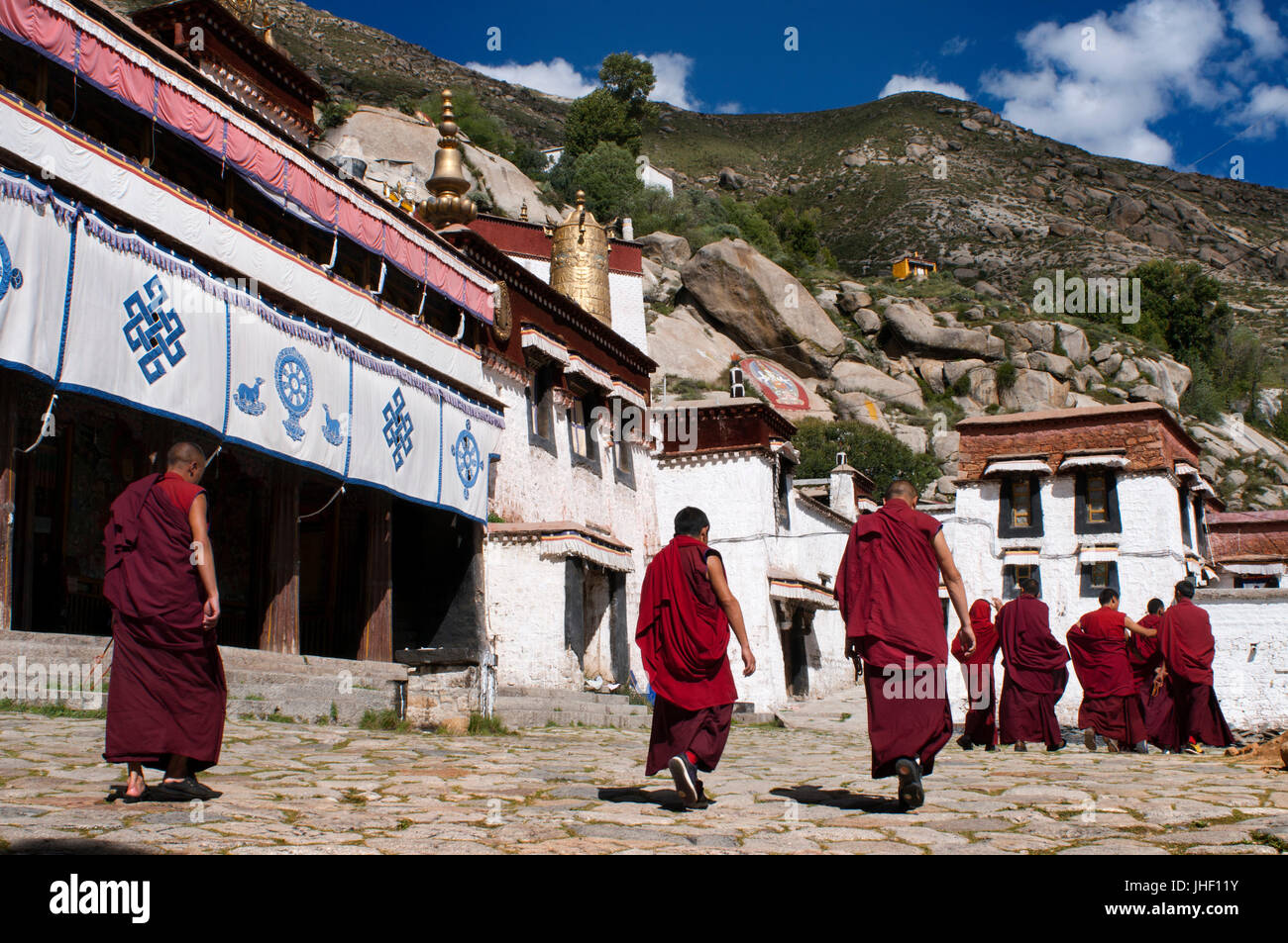 Monks outside of the Sera Monastery Temple, Lhasa, Tibet. The monastery ...