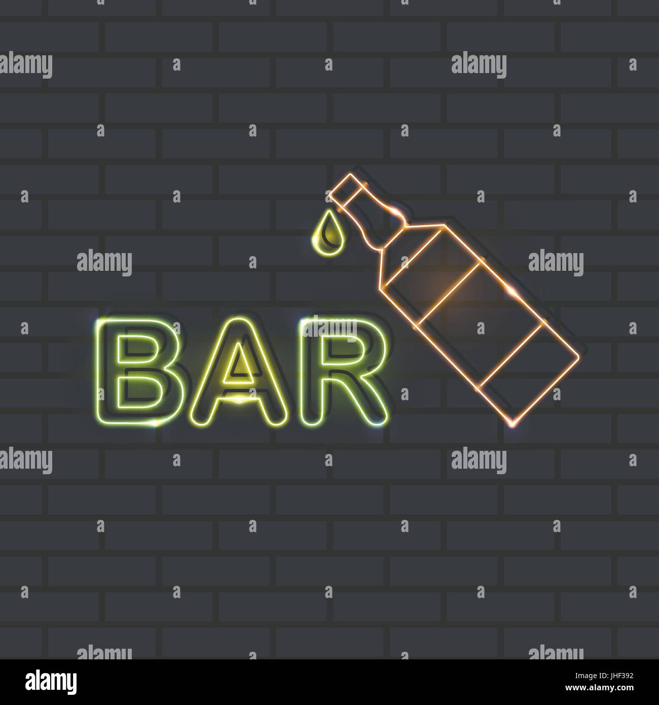Neon icon for bar and night club Vector illustration Yellow-green neon ...