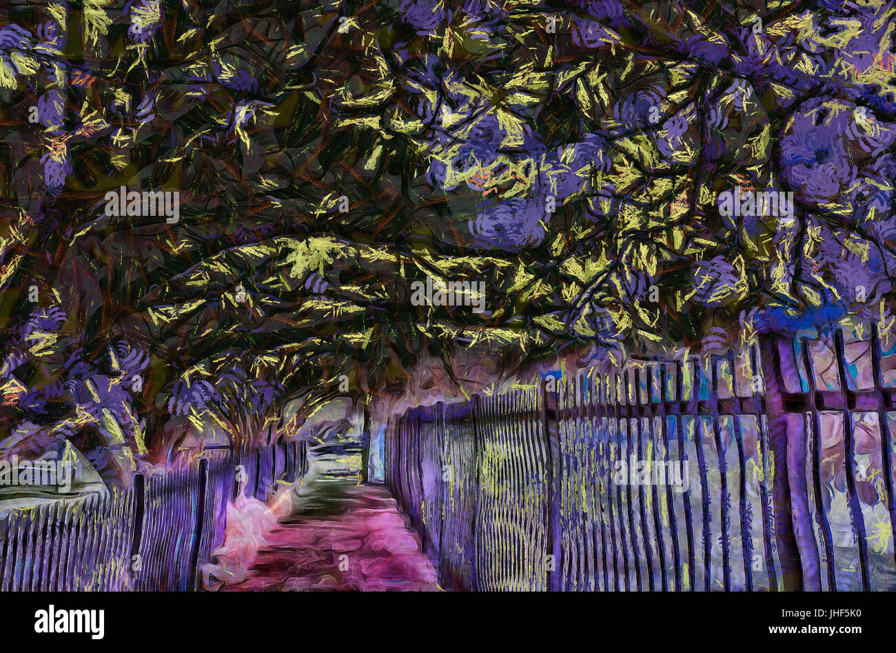 Painting of a shaded pathway bordered by a fence Stock Photo - Alamy