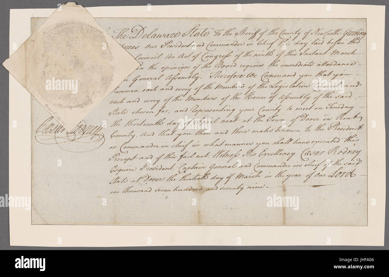 A portrait of Caesar Rodney, a prominent Delaware figure, depicts his ...