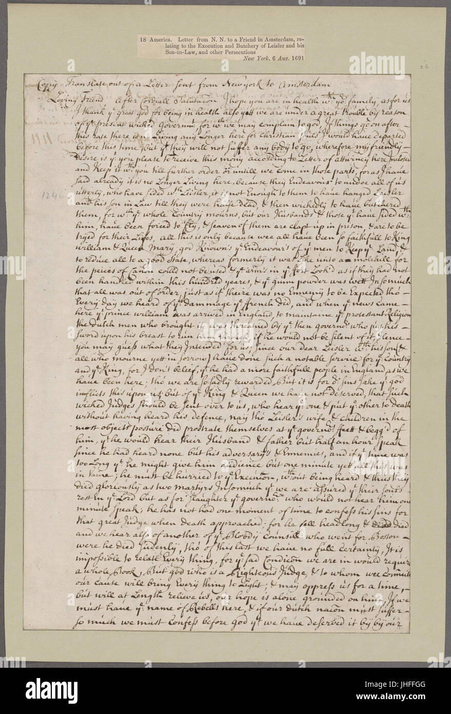 Leisler, Jacob. New York. Letter from N.N. to a friend in Amsterdam ...