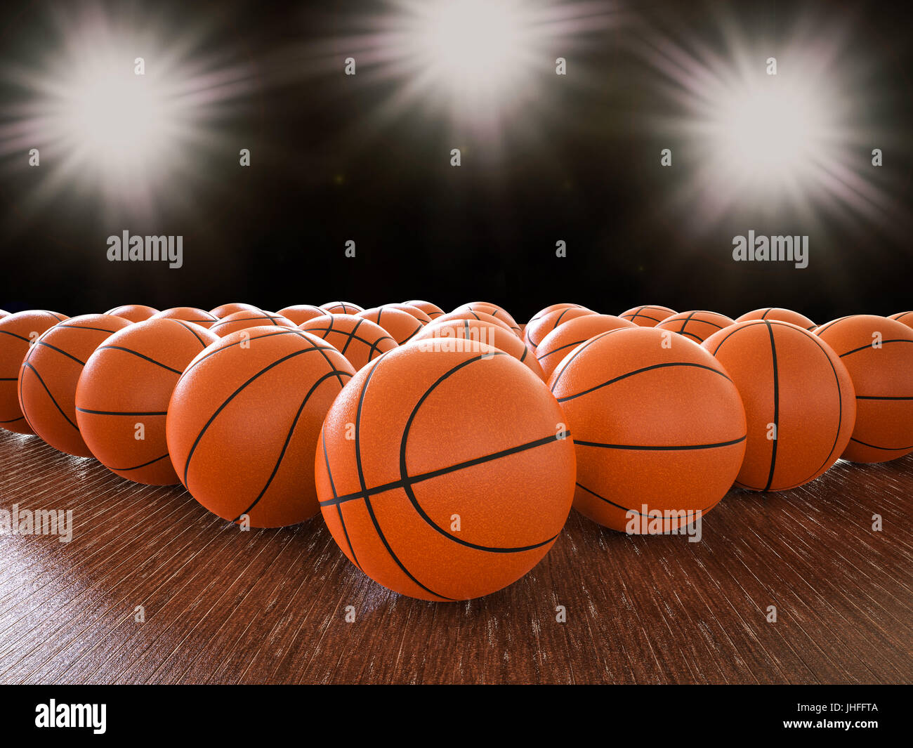 3d rendering basketball balls on wooden floor with shining lights Stock ...