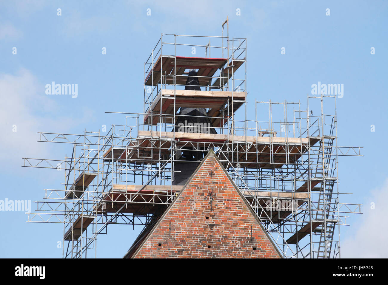 Building site, scaffold on a church tower Stock Photo - Alamy