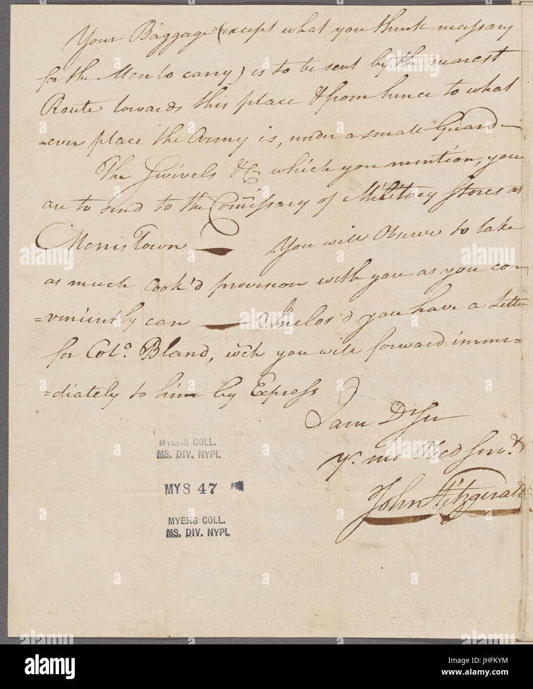 A historical letter from John Fitzgerald to Colonel Morgan, discussing ...