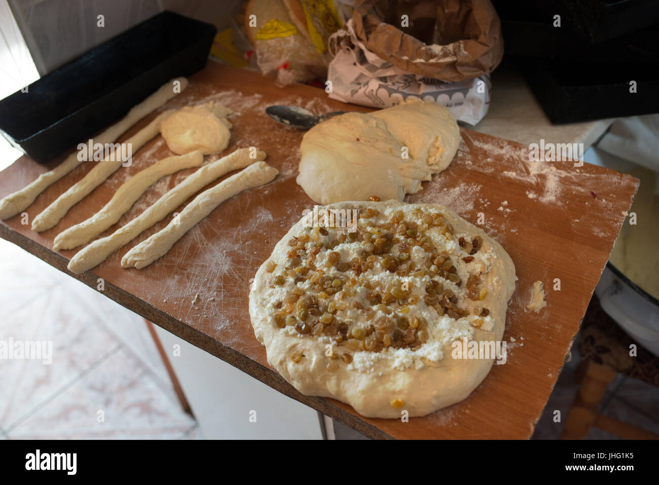 Traditional Easter bread and cakes ready to be cooked, Breb, Maramures ...