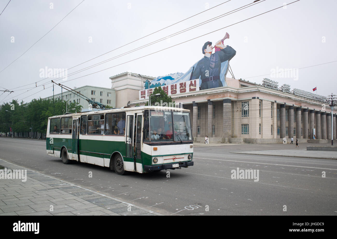 Trolleybus heading south along Sungri Street near Kim Il-Sung Square in ...