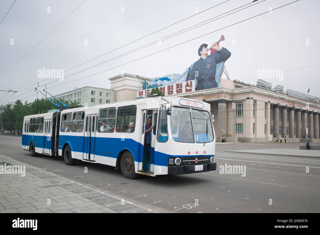 Trolleybus heading south along Sungri Street near Kim Il-Sung Square in ...