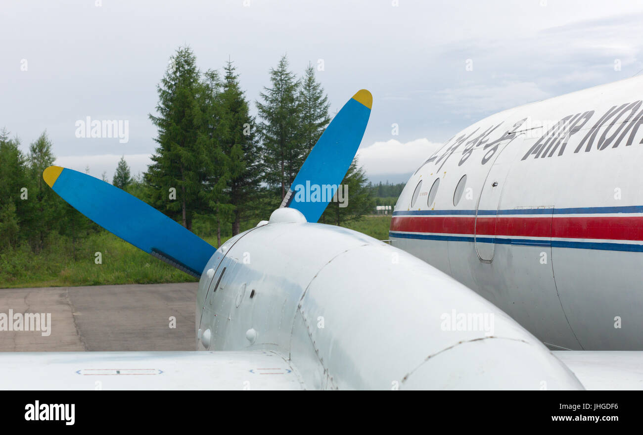 Looking forward over port wing, engine and propeller of Ilyushin Il-18D ...