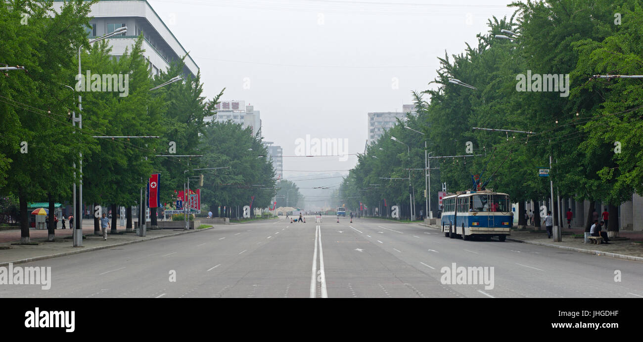 Trolleybus in otherwise empty Sungri Street, looking north, near Kim Il ...