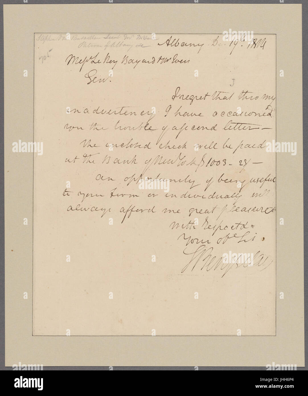 Van Rensselaer, Stephen. Albany. To Messrs. Le Roy Bayard and M. Evers ...