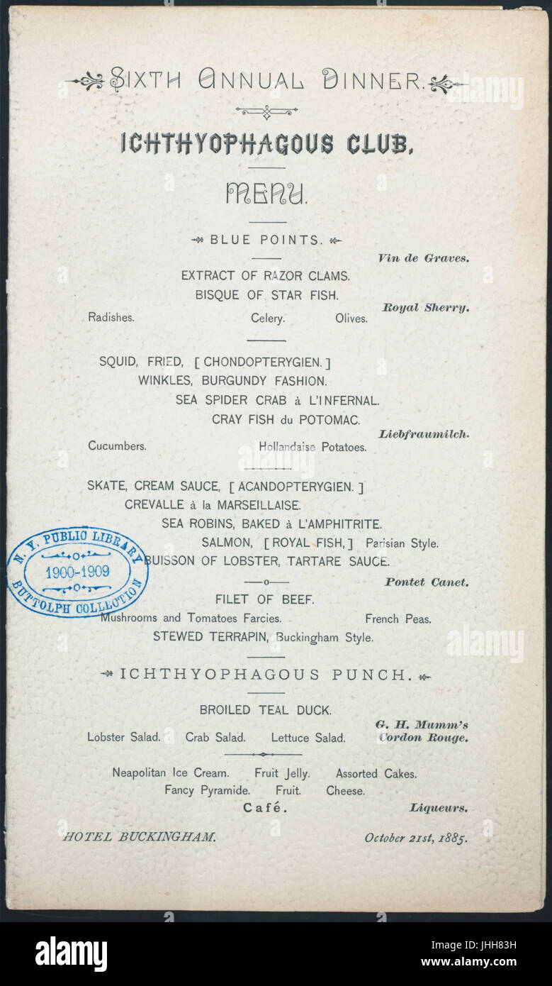 SIXTH ANNUAL DINNER (held by) ICHTHYOPHAGOUS CLUB (at) HOTEL BUCKINGHAM ...