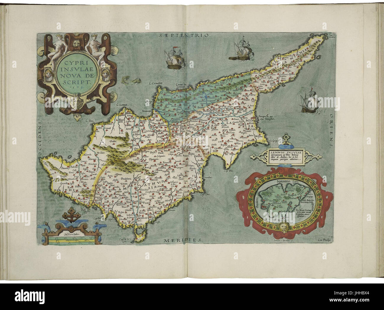 Map of Cyprus and inset map of Lemnos by Abraham Ortelius Stock Photo ...