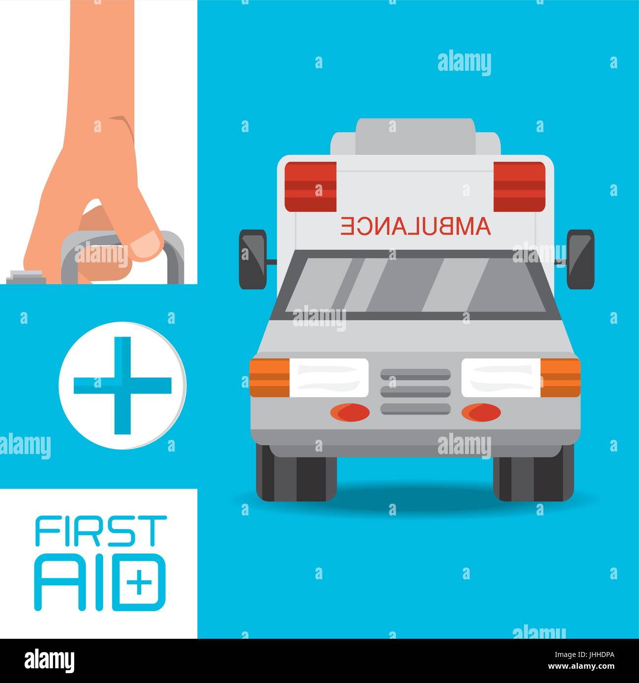 hand with first aid kit suitcase and ambulance to urgency Stock Vector ...