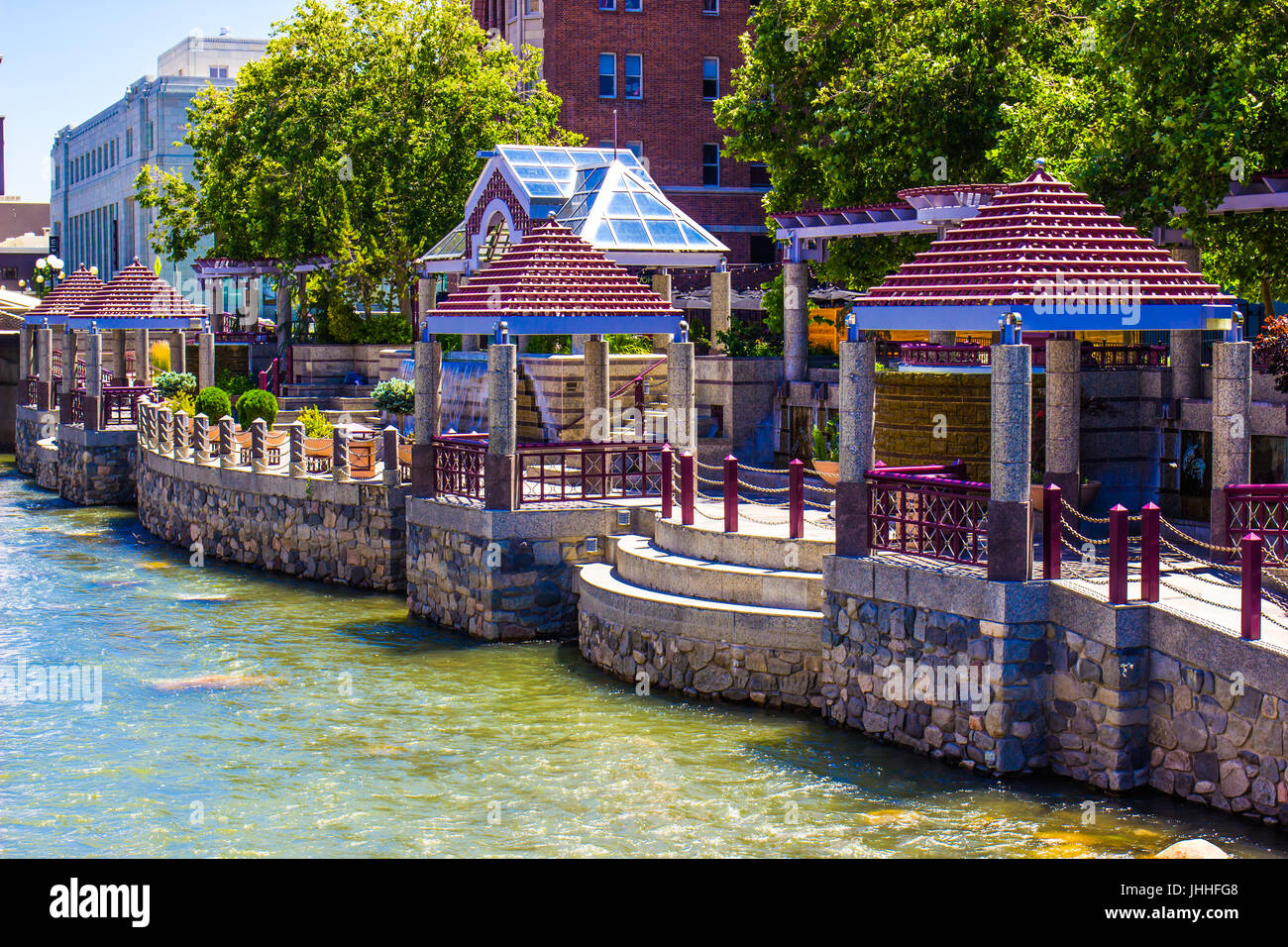 Pavilions On River Walk By Truckee River In Reno, Nevada Stock Photo ...