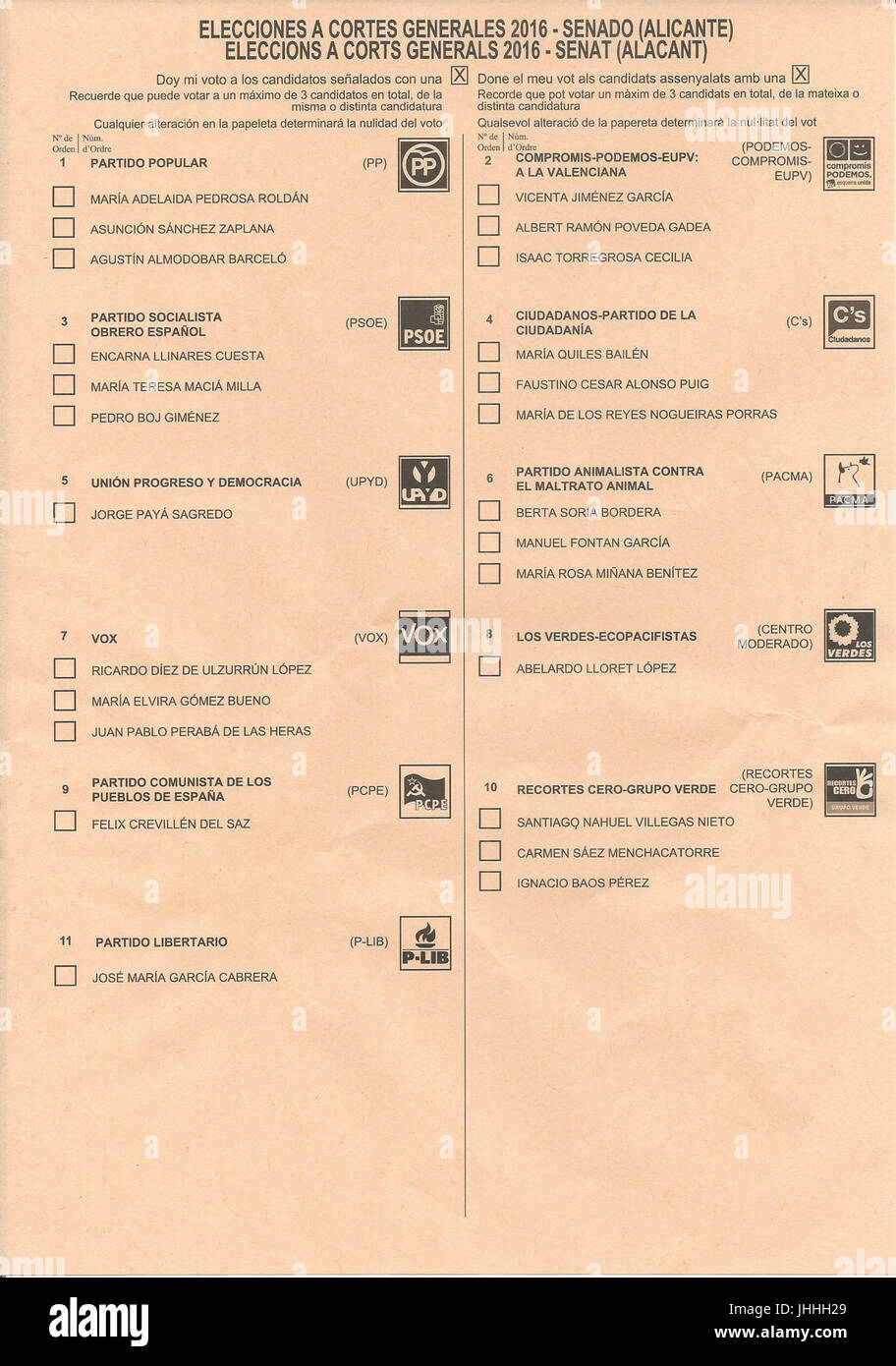 2016 Spanish General Elections Ballot - Alicante - Senado Stock Photo ...