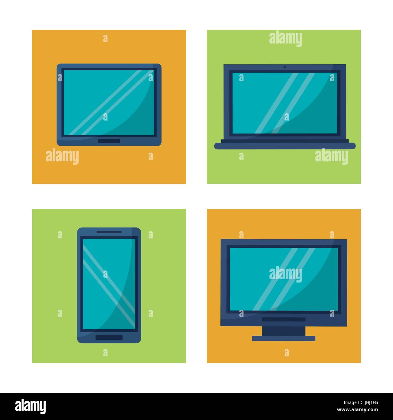 white background with square frames graphics with icons of tech devices ...