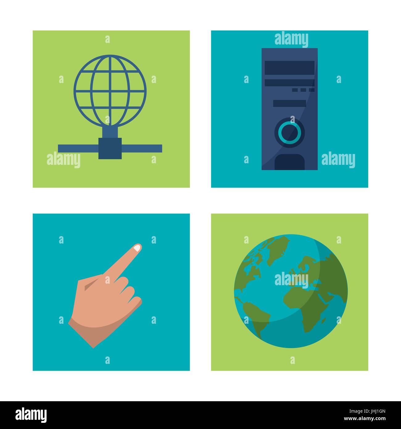 white background with square frames graphics with icons of hand and ...