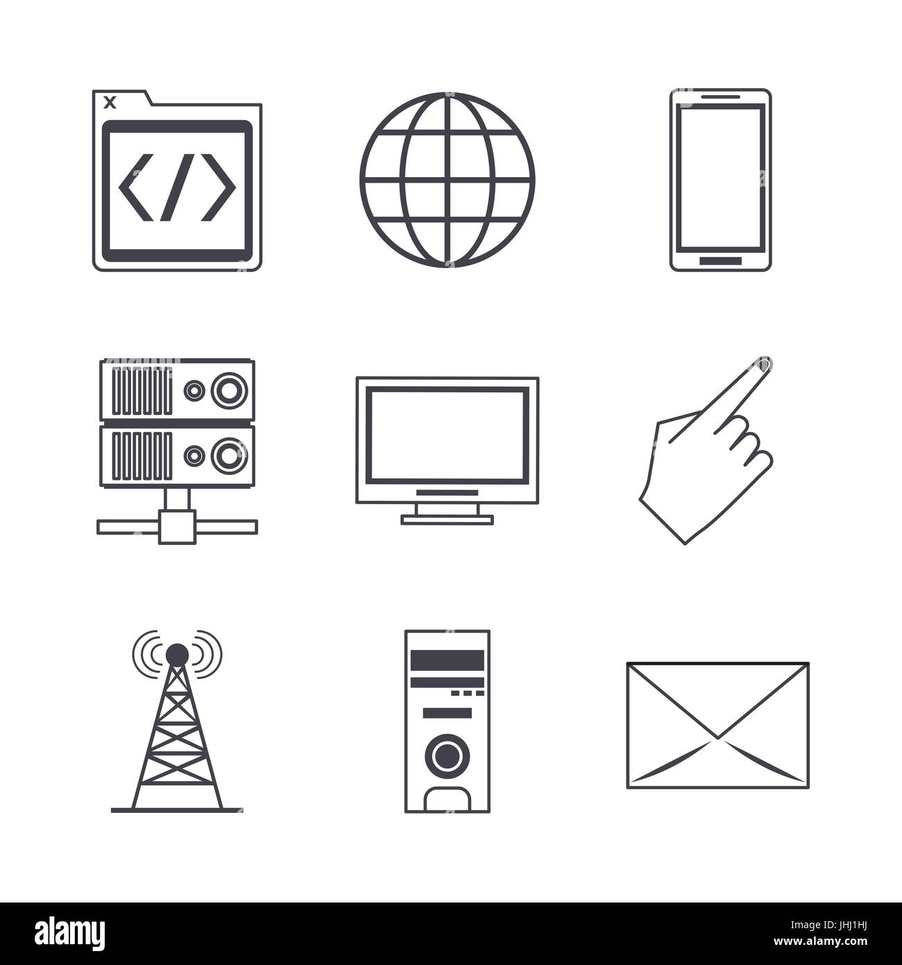 white background with monochrome icons of network broadcasting and tech ...