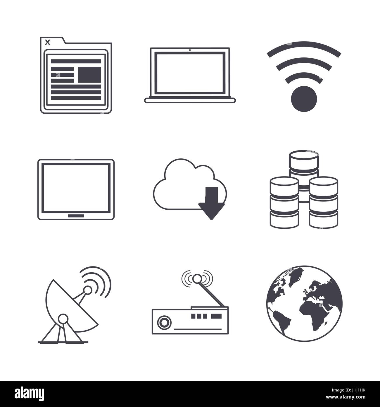white background with monochrome icons of network broadcasting and ...