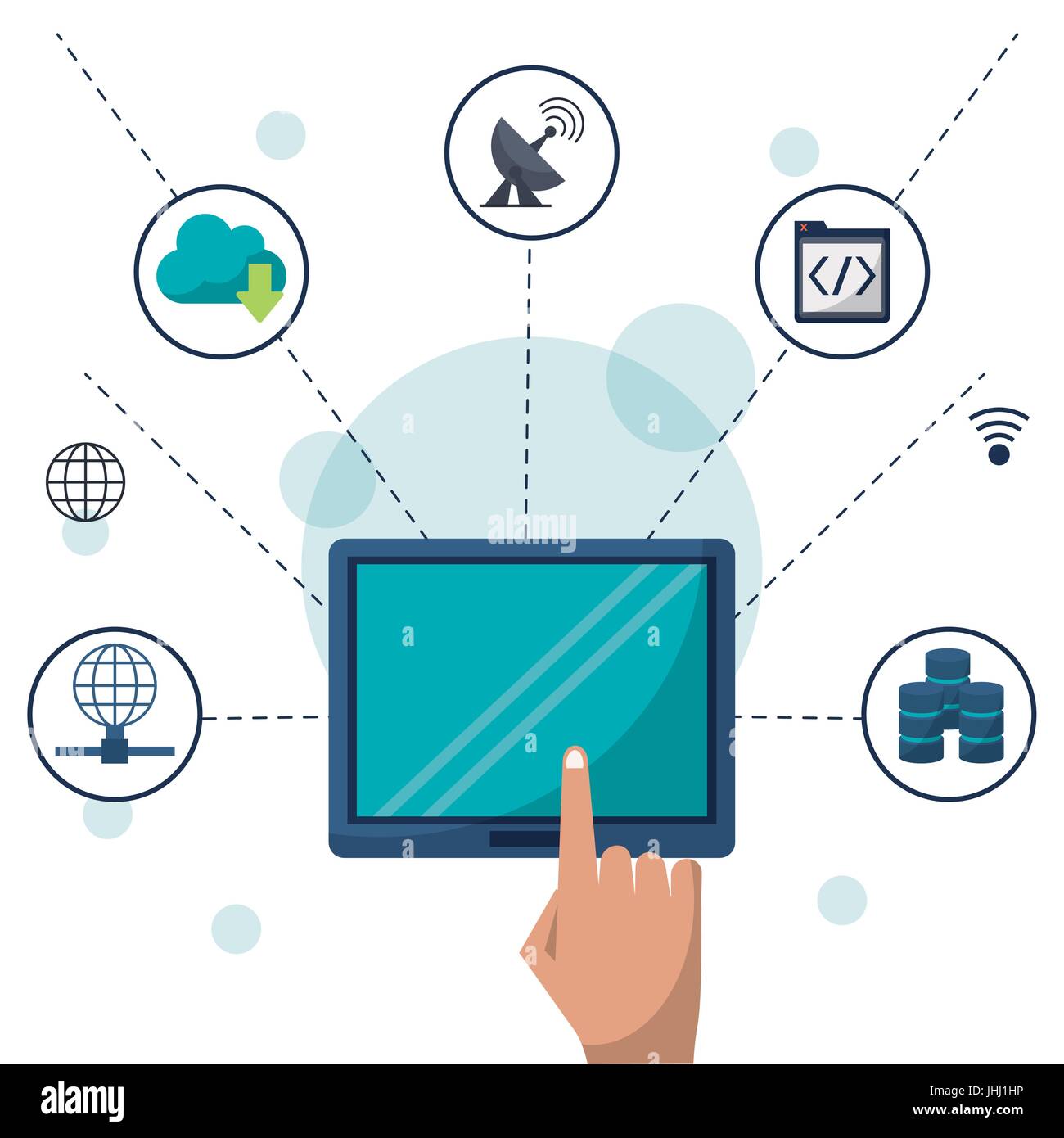 color background with tablet in closeup and network connections and ...
