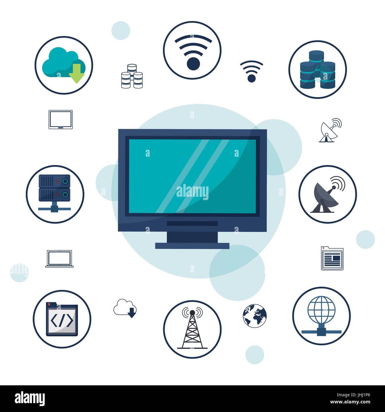 color background with desktop computer and icons network connections ...