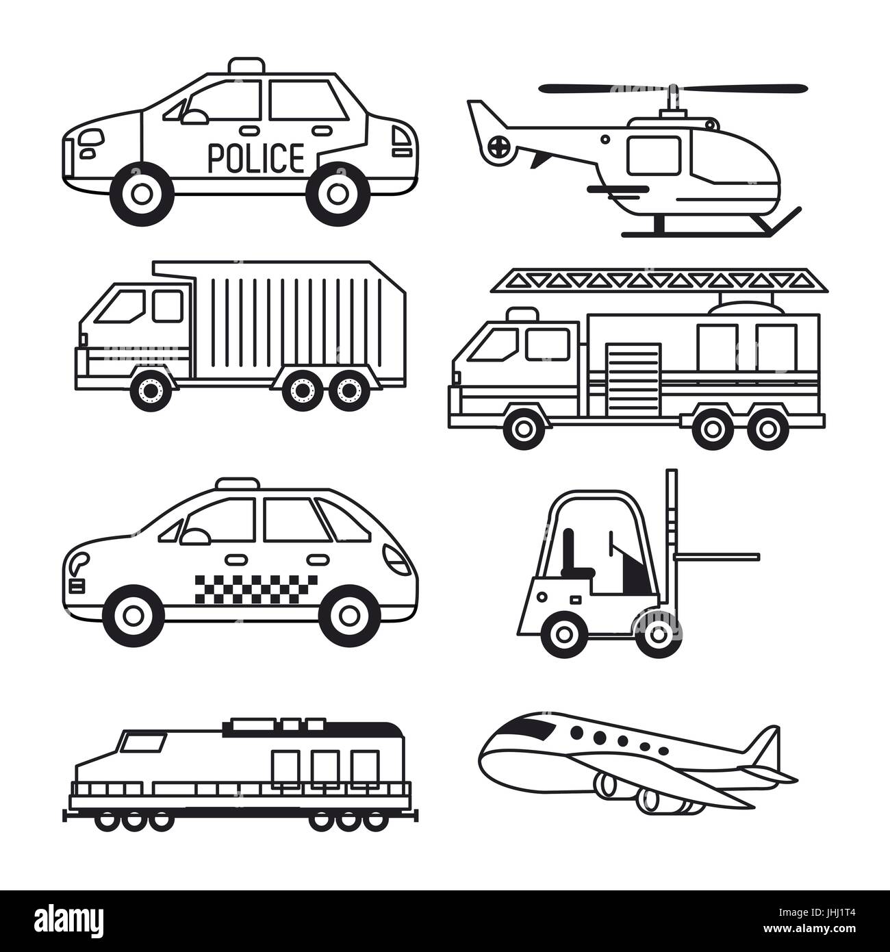 white background with monochrome set of vehicles of public transport ...