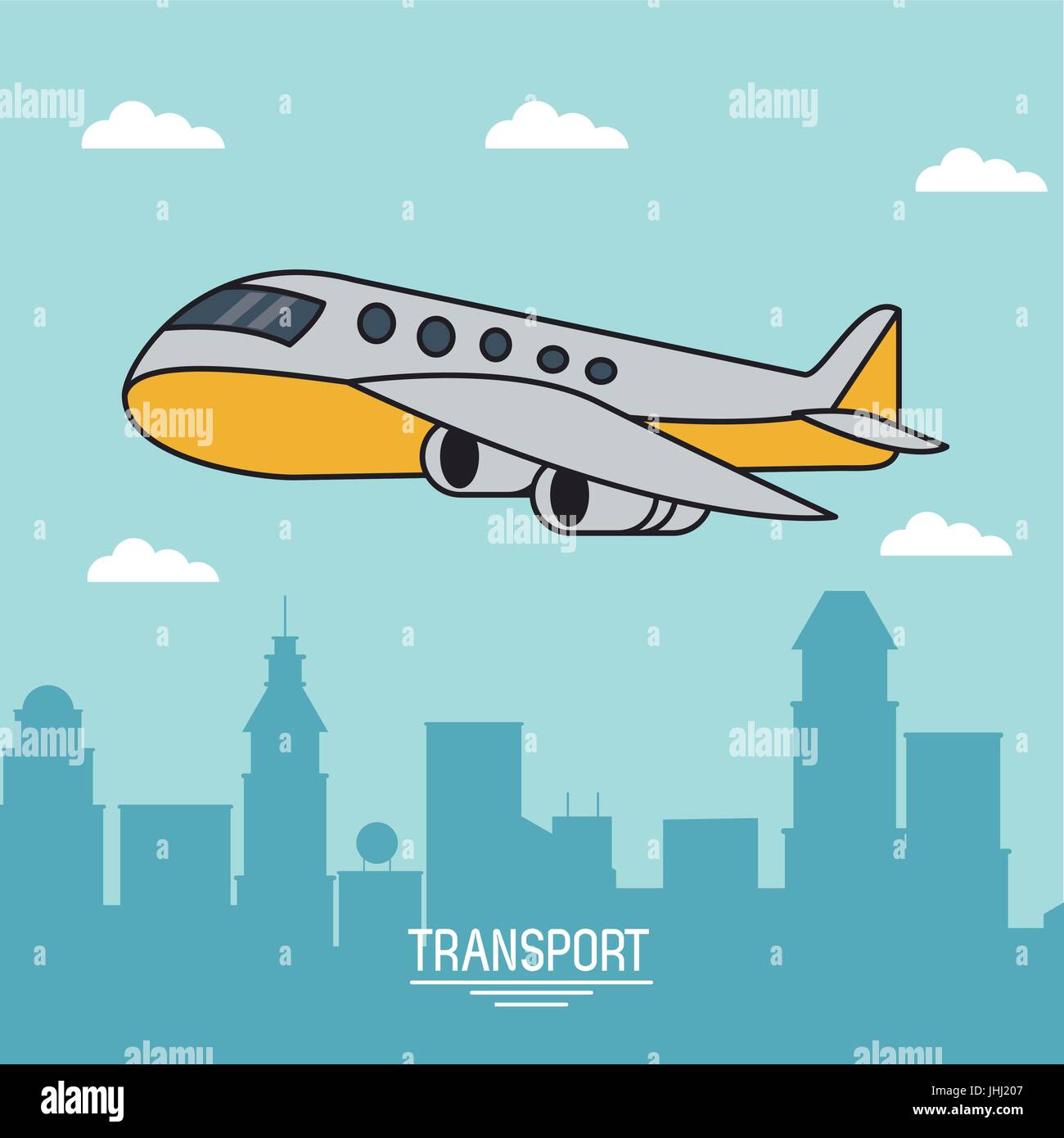 colorful poster of air transport with airplane in flight over city ...