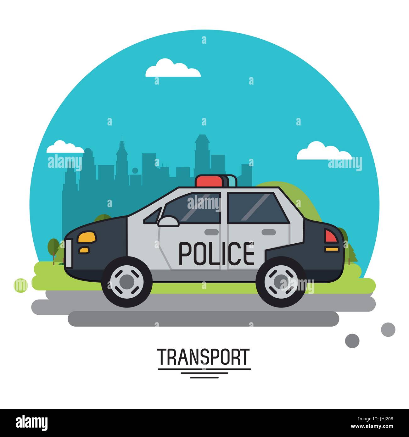 colorful poster of transport with police car on background outskirts of ...